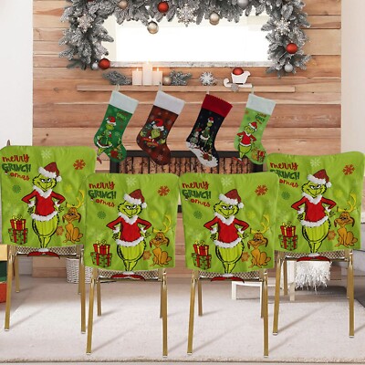 Christmas Green Grinch Chair Back Cover Party Holiday Decorations Xmas ...
