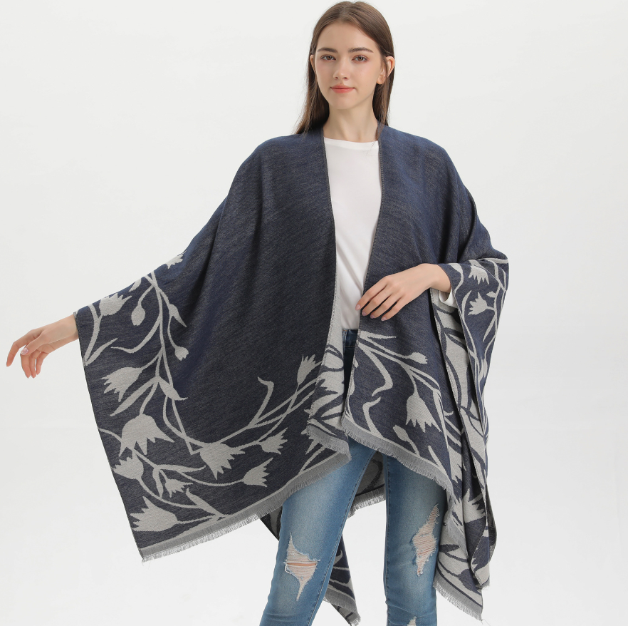 DAMEN Wolle PONCHO Grau Schal Wrap Mantel Umhang Cape Überwurf Stola ...