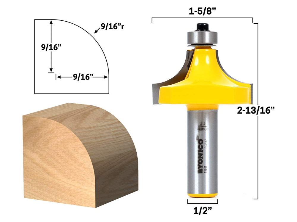 Yonico 13966 9/16-Inch Radius Round Over Edge Forming Router Bit 1/2 ...