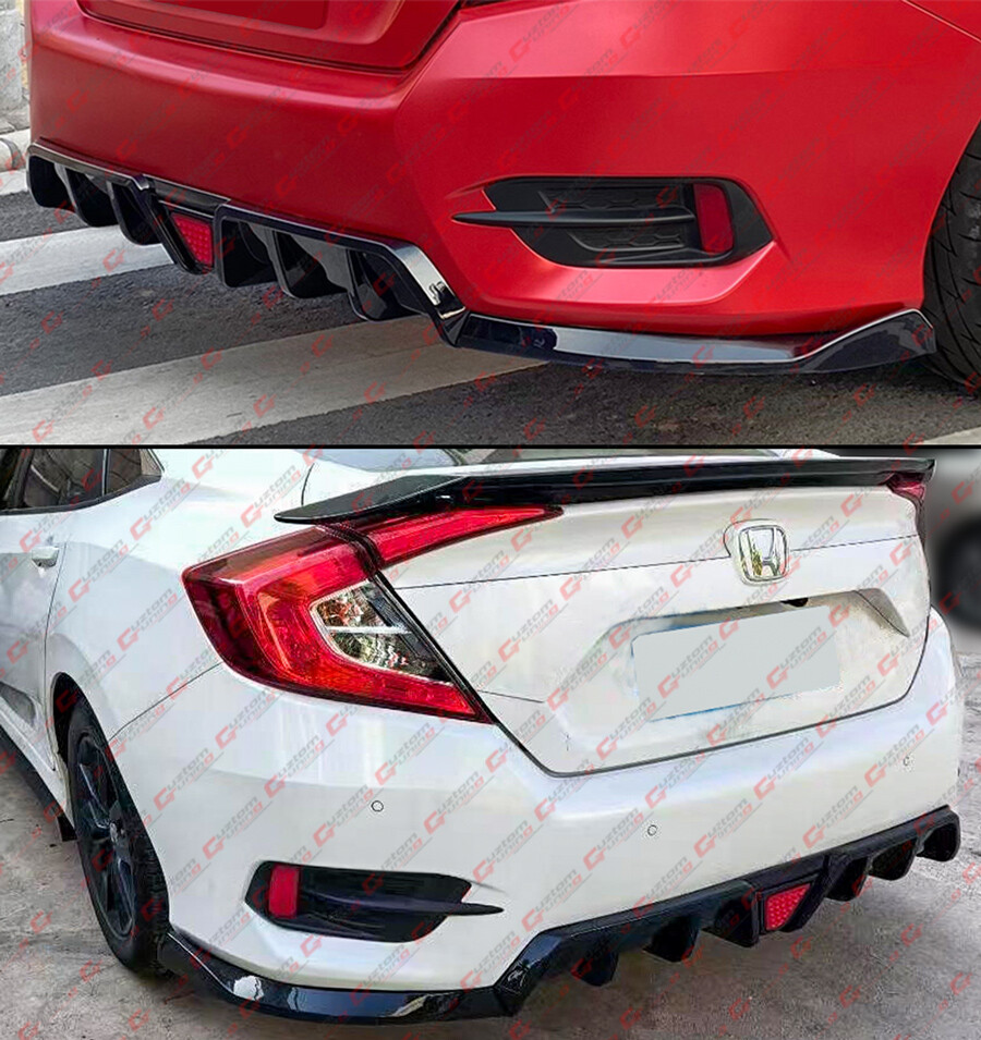 For 2016-21 Civic Sedan GT Shark Fin Style Gloss Black DIffuser Kit W ...