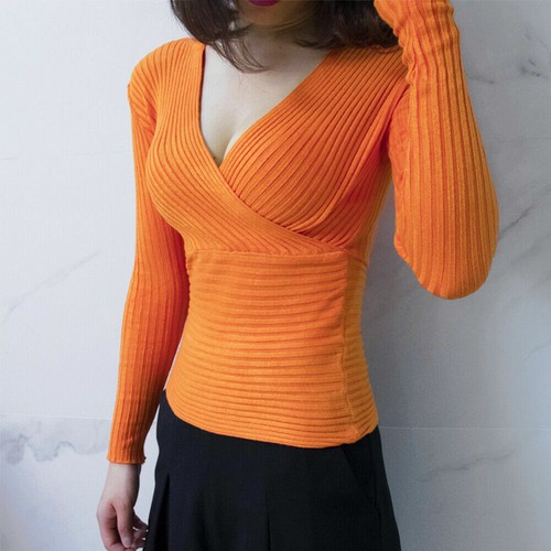 Lady Ribbed Knit Sweater Cross Over Front Deep V Neck Pullover Jumper ...
