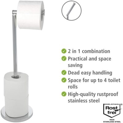 SWIVEL FREE STANDING TOILET LOO ROLL HOLDER CHROME HOLDS EXTRA ROLLS ...