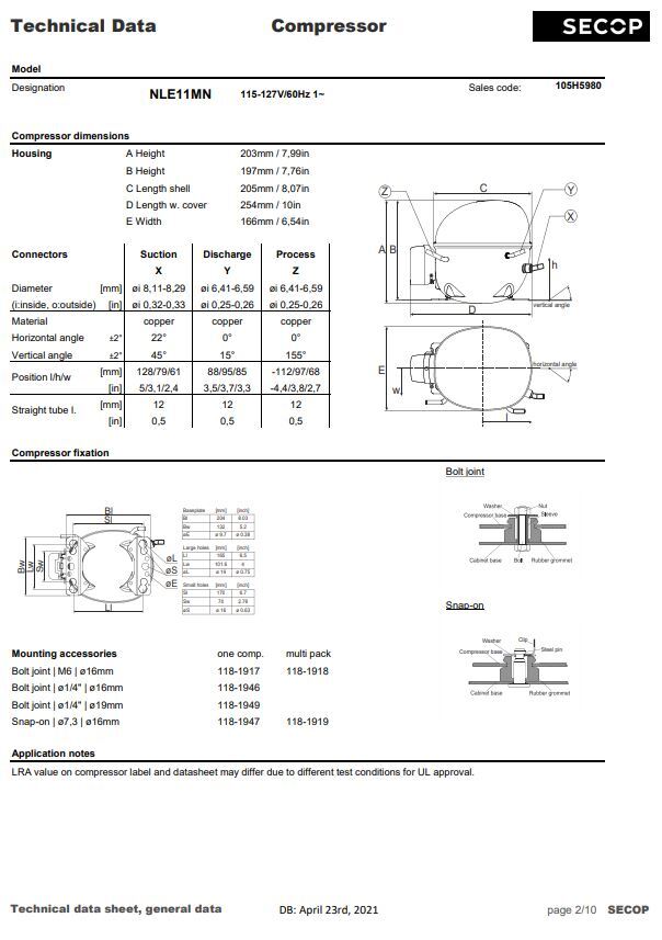 Secop NLE11MN R290 Refrigeration Compressor 4167 BTU MBP 115V 60 Hz 1 ...