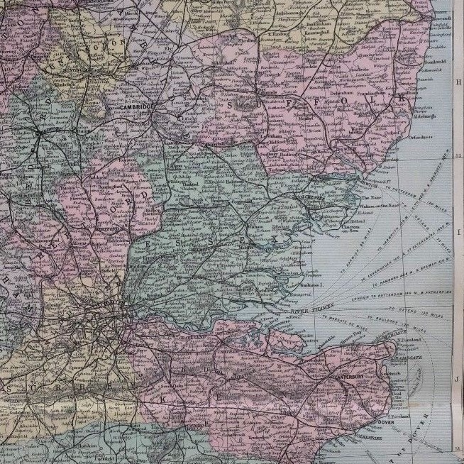 1891 ANTIQUE MAP ~ ENGLAND SOUTH EAST LONDON ESSEX CAMBRIDGE NORFOLK ...