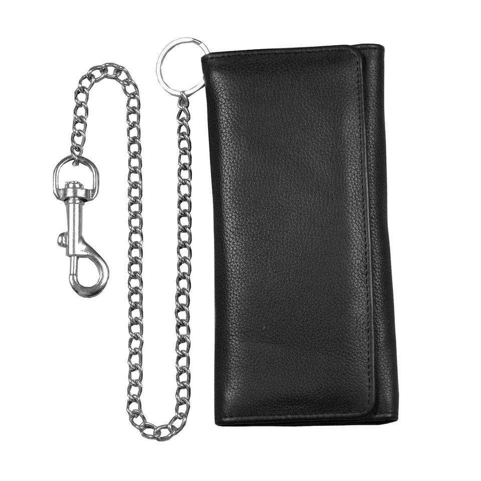 Genuine Black Cowhide Leather Chain Wallet, Trifold Long Chain ...