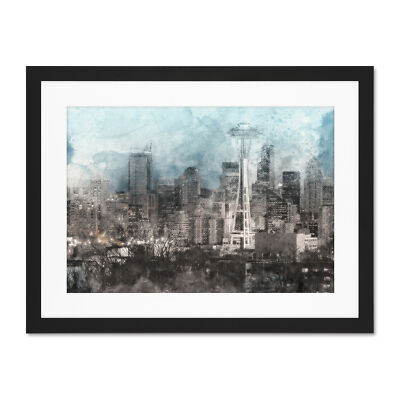 Seattle City Skyline Illustration Framed Wall Art Print 18X24 In | eBay UK