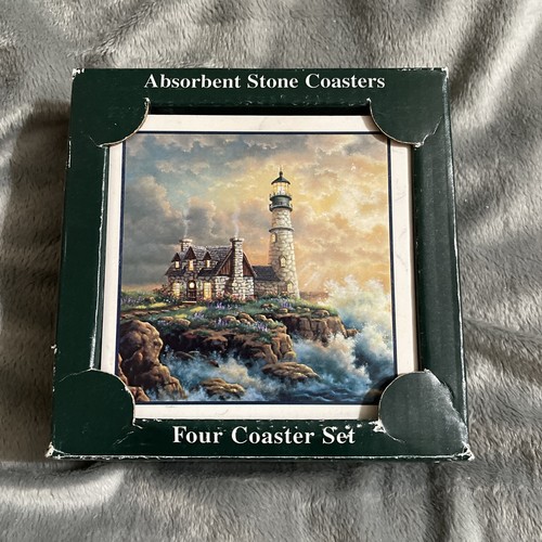 Absorbent Stone Coasters Lighthouse Stone Cliff Sea Scene Stone Art Set ...