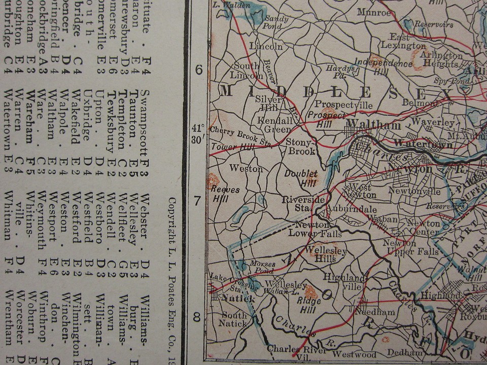 1926 MAP ~ MASSACHUSETTS BOSTON CITY & VICINITY WORCESTER HAMPDEN LENOX ...