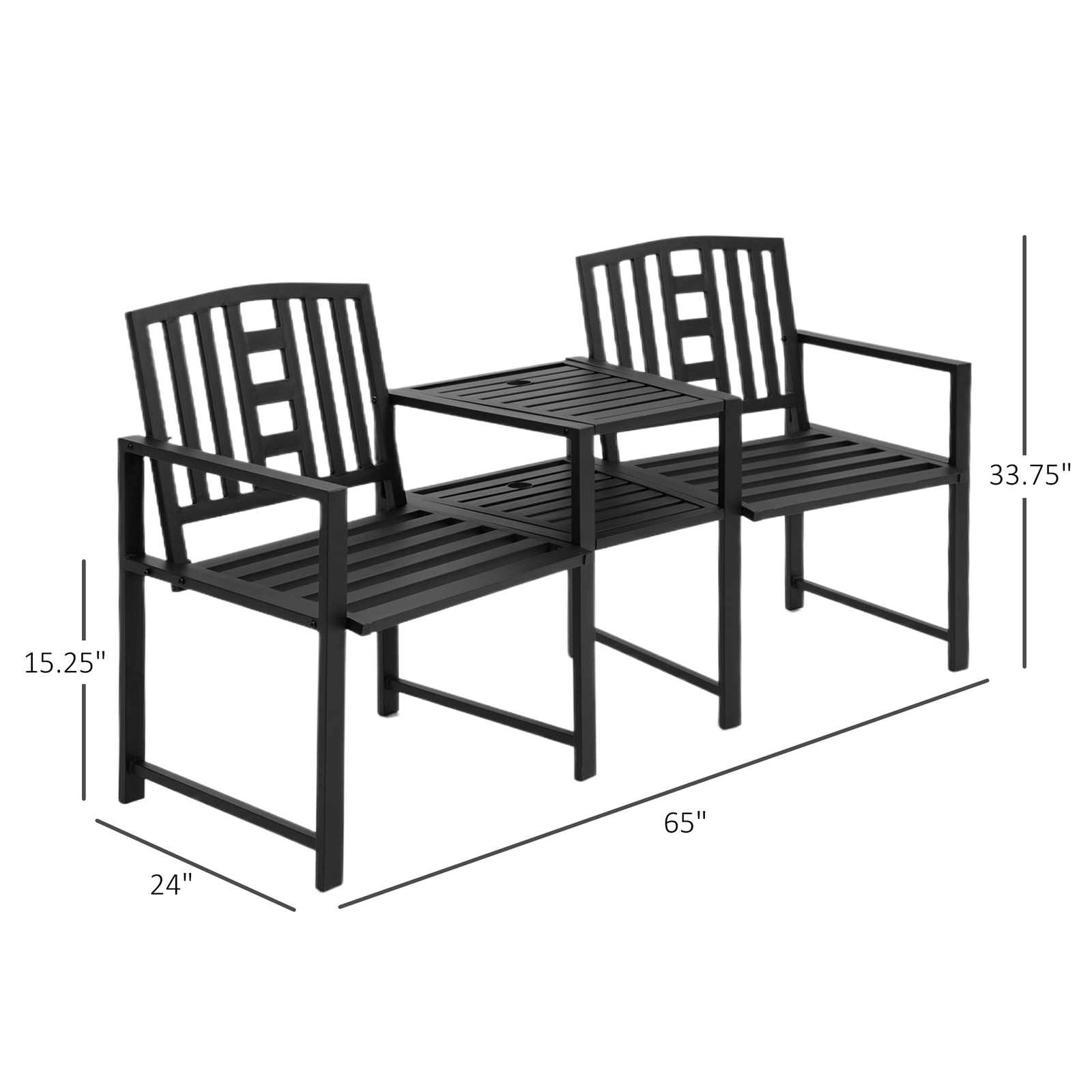 2-Person Double Metal Patio Chairs w/ Coffee Table & Umbrella Hole ...