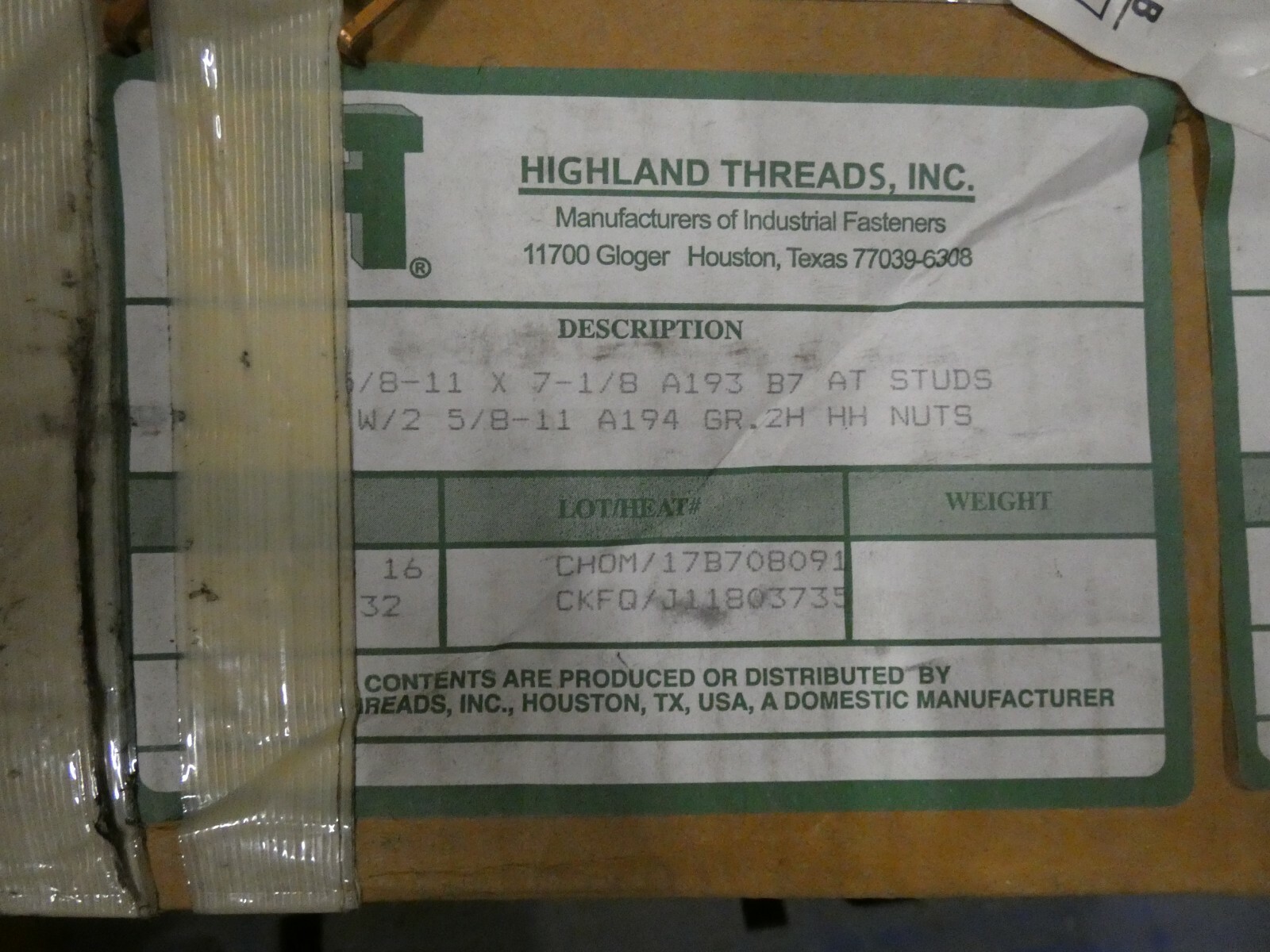 1 1/8"-8 x 7 1/8" 8UN Thread A193 Grade B7 Stud with 2 Hex Nuts (Lot of ...