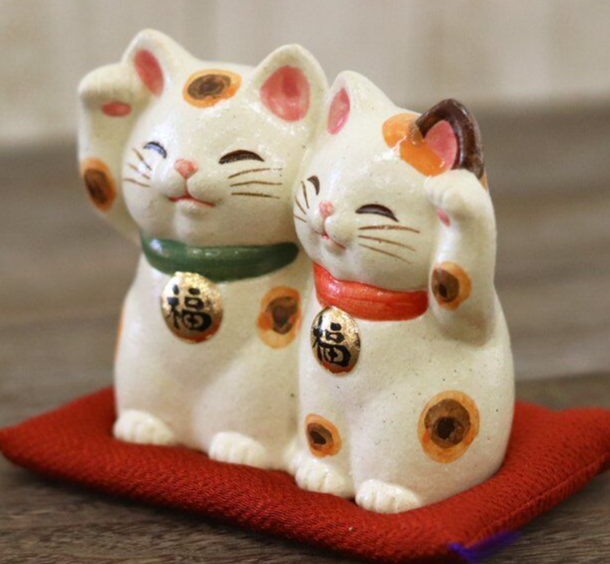Japanese Handmade Lucky Cat Maneki Neko 12cm Couple Pair Pottery Seto ...