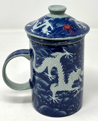 Chinese Porcelain Tea Mug With Lid & Infuser Dragons Blue With Red ...