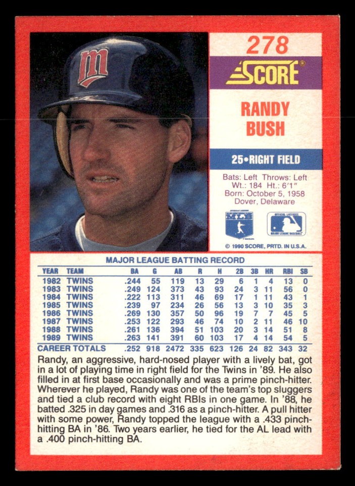 1990 Score #278 Randy Bush | eBay