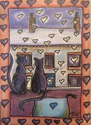 ACEO Original Winter Snow Love Black Cats Folkart Art Card By J ...