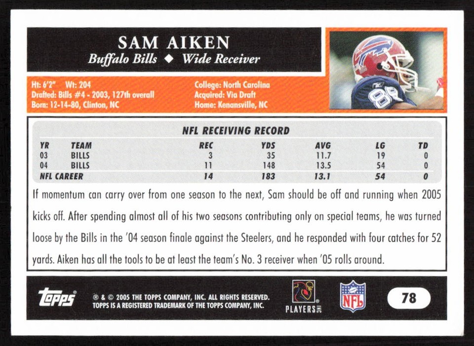 2005 Topps Sam Aiken #78 Buffalo Bills | eBay