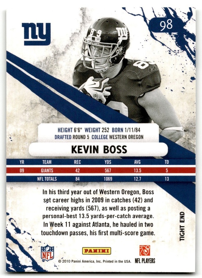 2010 Panini Rookies & Stars Kevin Boss Rookie New York Giants #98 | eBay