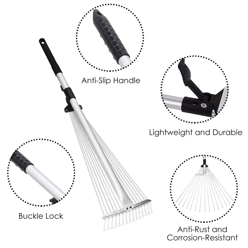 63in Garden Leaf Rake Expanding Stainless Steel Rake Lawn Yard Garden ...