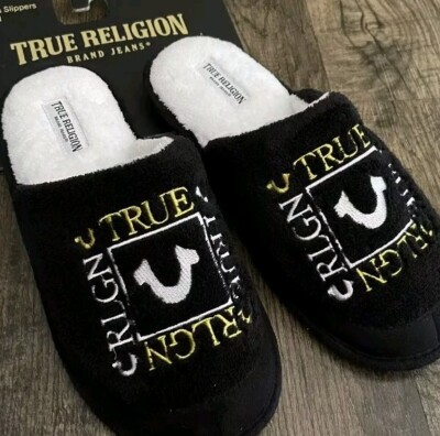 🔥 True Religion Faux Fur Lined Slippers Black Slip on Soft Men Sz ...
