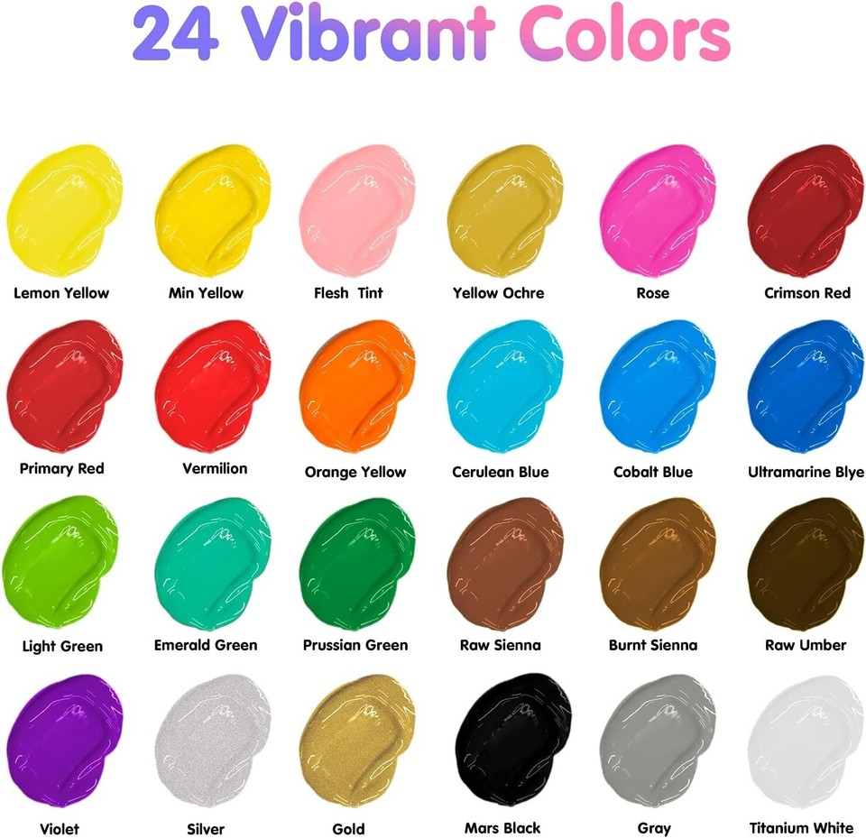 TBC Premium Acrylic Paint Set Non Toxic 24 Colors 12ml Bonus 3 Paint ...