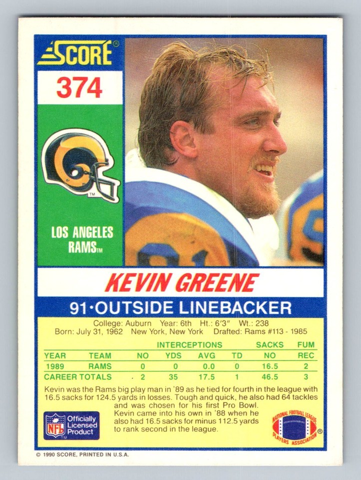 1990 Score #374 Kevin Greene Los Angeles Rams | eBay