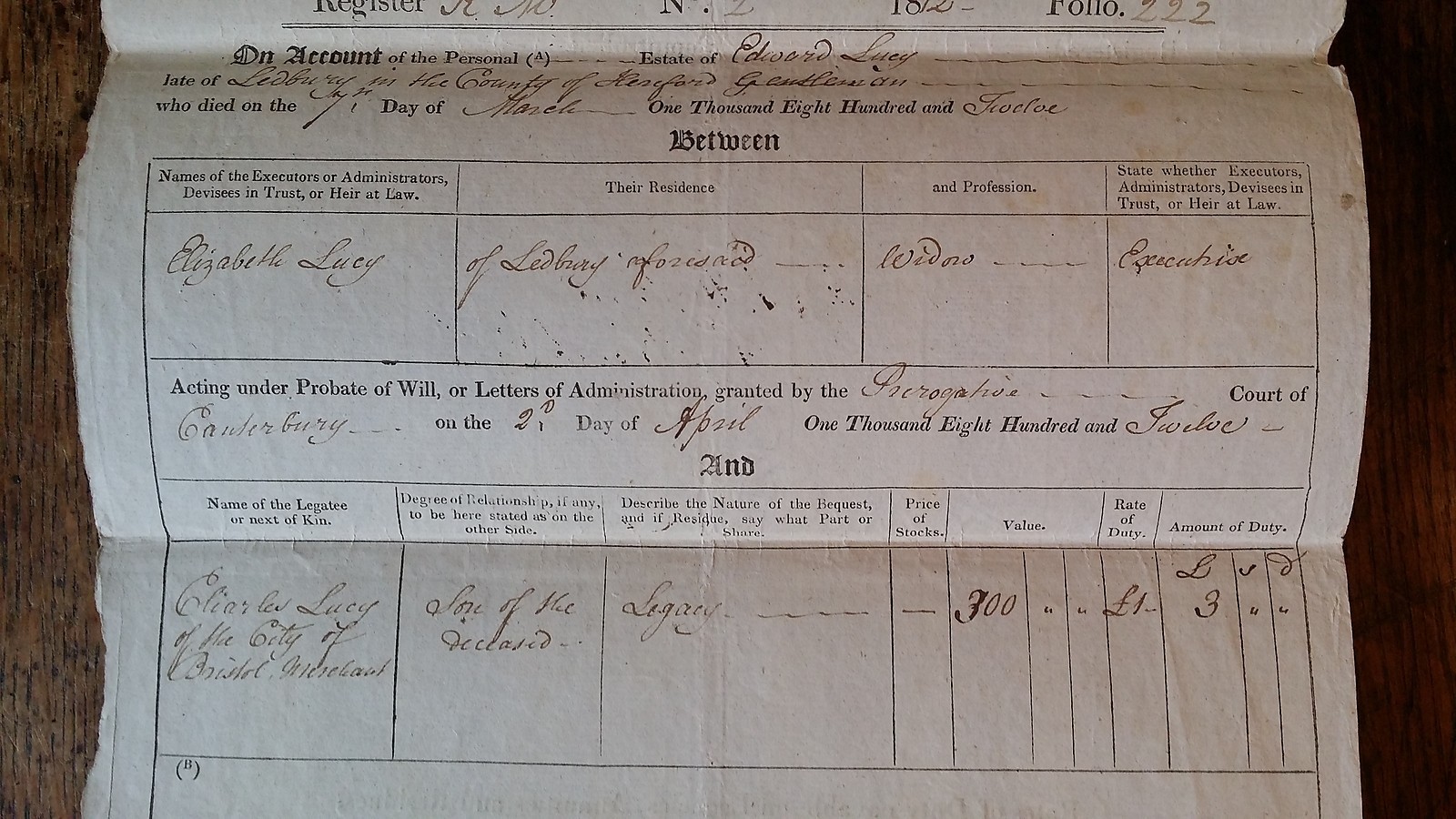 1812 ORIGINAL ANTIQUE STAMP OFFICE LEGACY FORM - EDWARD LUCY - LEDBURY ...