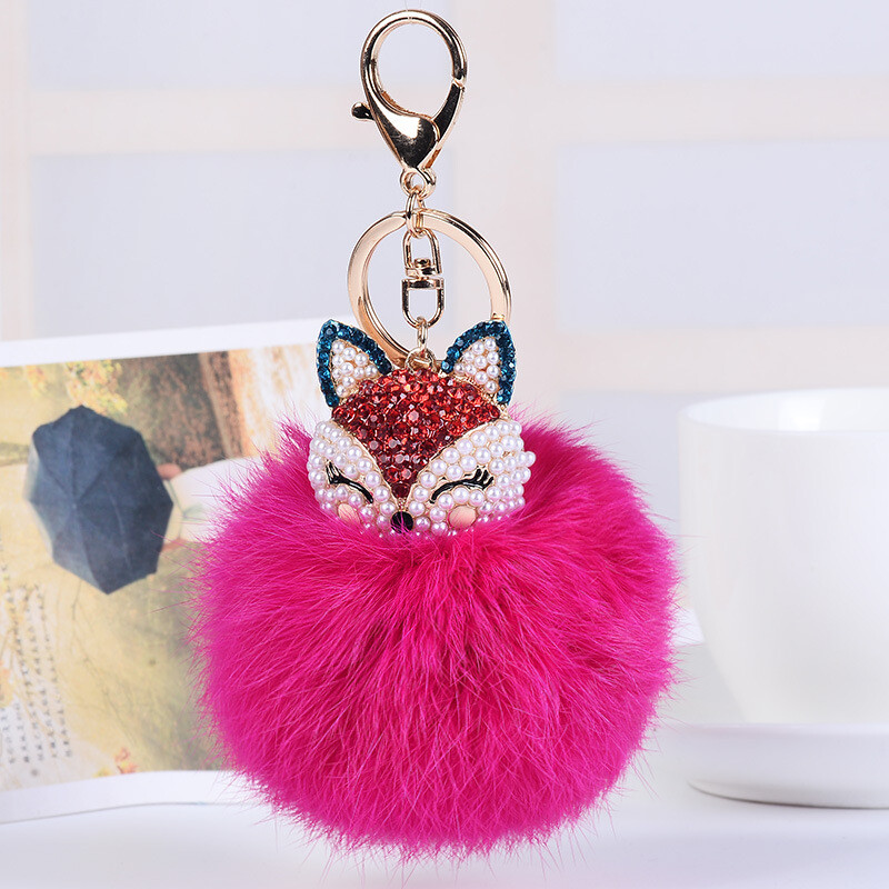 Fox Head Rabbit Fur Ball Key Ring Keychain Women's Crystal Fashion Car ...