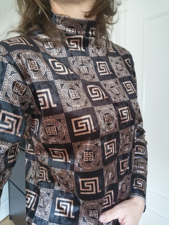 Velvet Plush Brown Black Geometric Casual Jumper Top Long Sleeve Velour ...