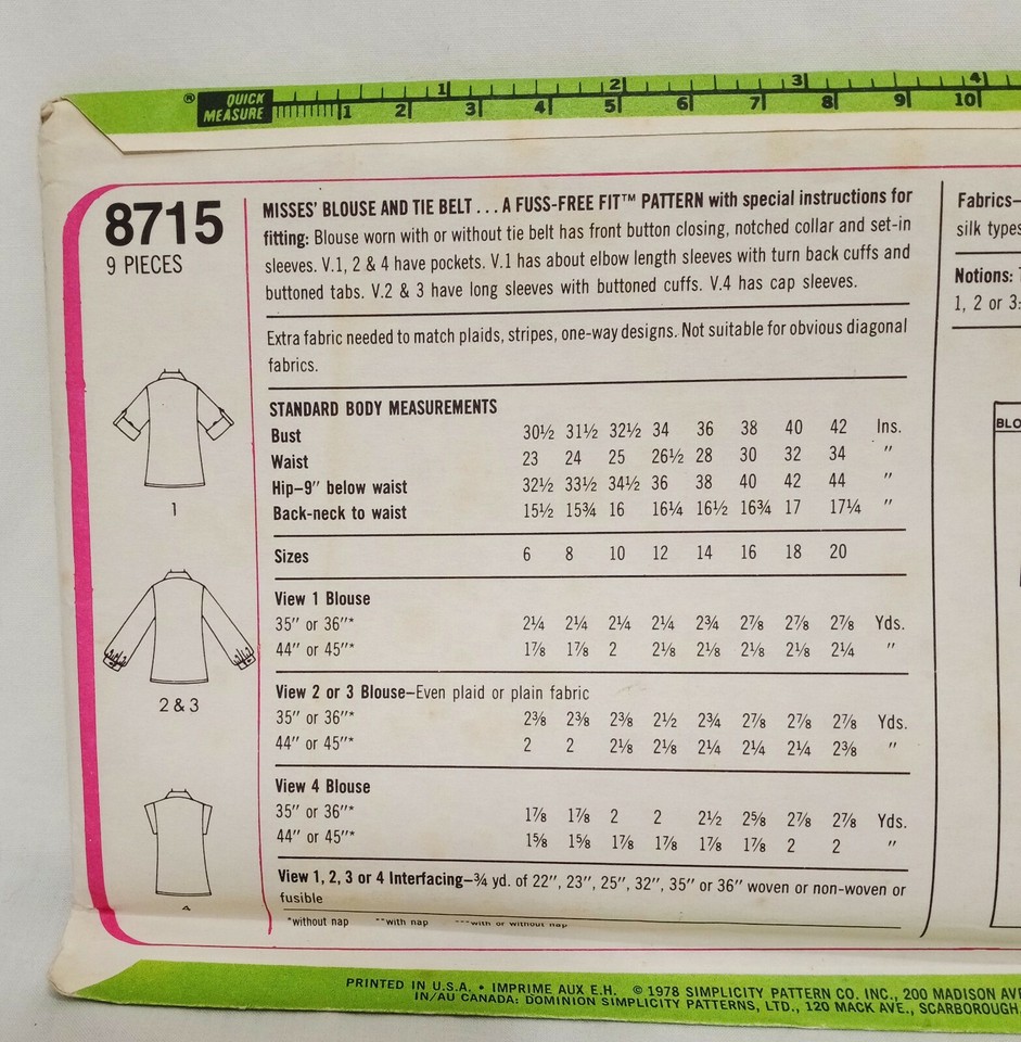 Misses' Blouse and Tie Belt Size 8 Simplicity 8715 Uncut 1978 Fuss Free ...