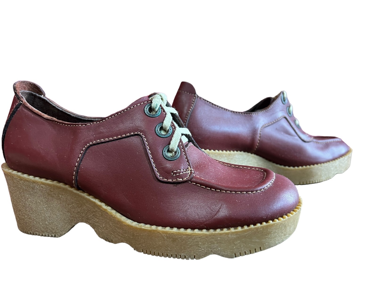 NOS 7 M Brown Vtg 60s 70s Shoe BOHO WAVY Sole Platfor… - Gem