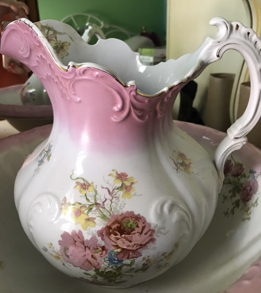 Antique Victorian Ceramic Bath Basin Bowl & Water Pitcher Set 2 Pcs ...