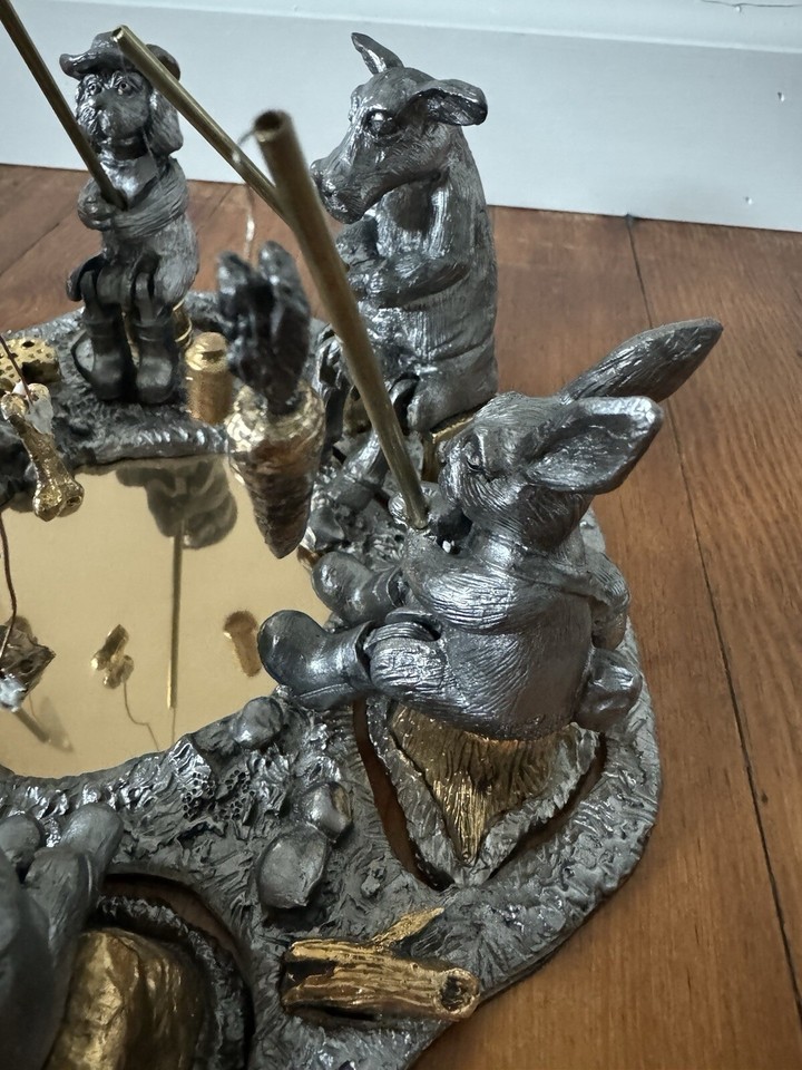 RARE LG MICHAEL RICKER PEWTER 1999 ANIMALS AT THE POND FISHING FIGURINE ...