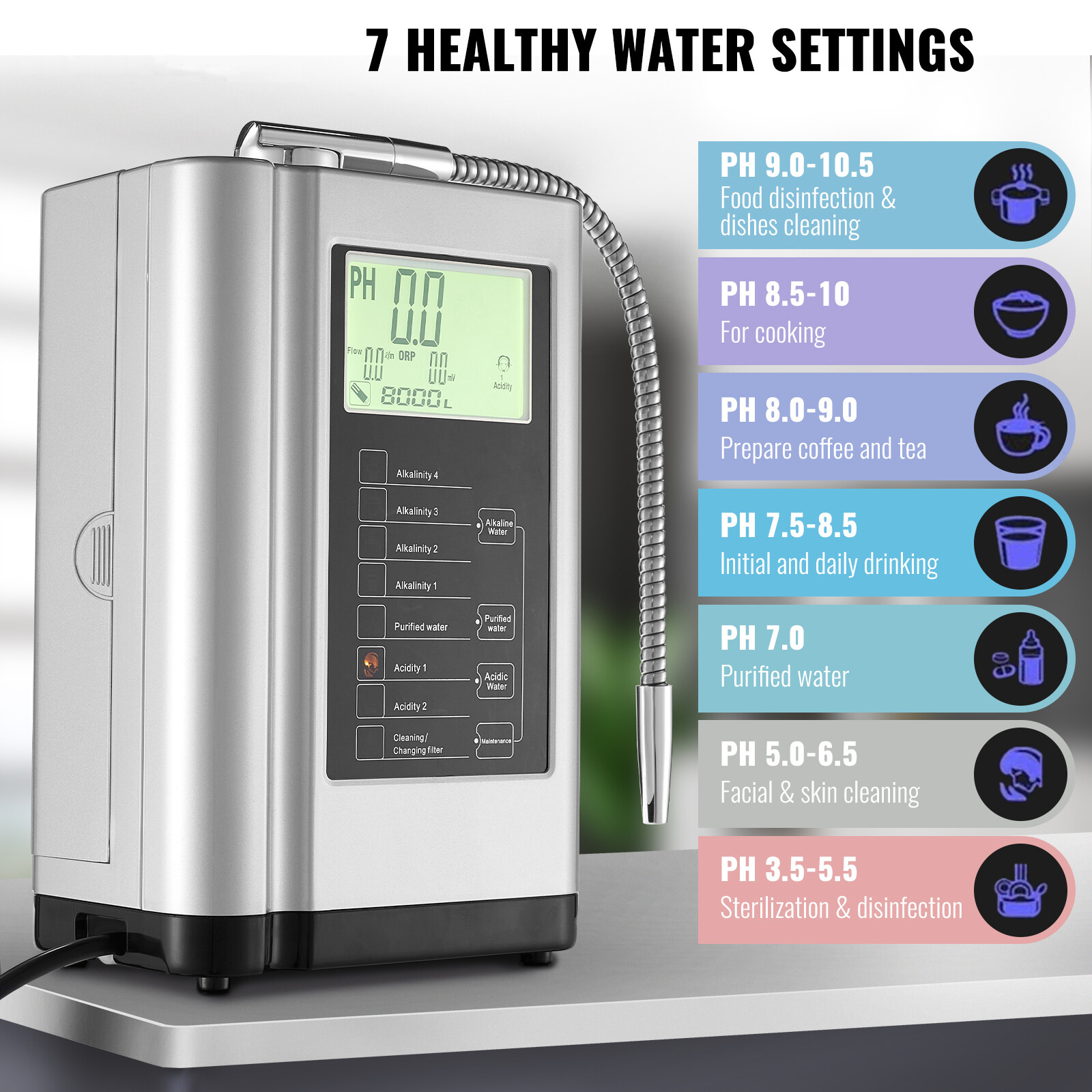 Alkaline Water Ionizer 7 Plates Purifier Machine PH3.5-10.5 Auto ...