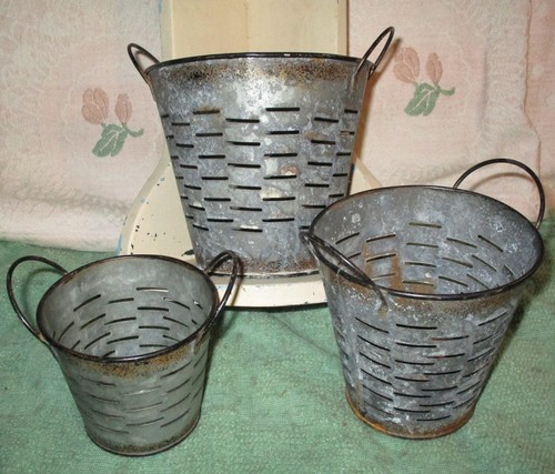 Set 3 OLIVE BUCKET Galvanized Metal Basket Rustic Farmhouse DisTRESSED ...