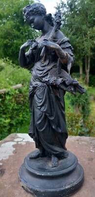Spelter Lady with Flower Basket and Small Bird ..Antique Statue ...