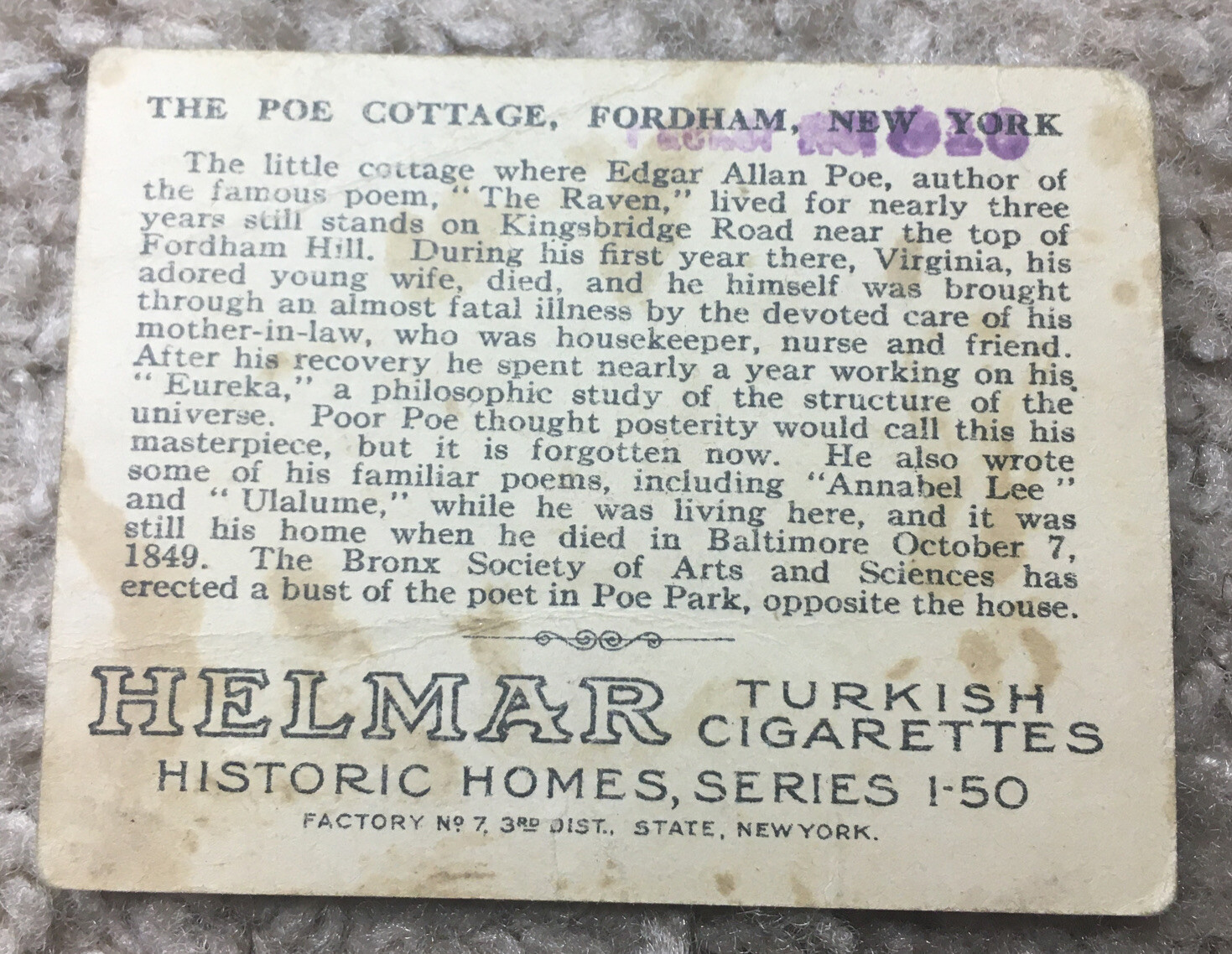 Helmar Cigarette Card - Edgar Allen Poe Cottage At Fordham Bronx NY | eBay