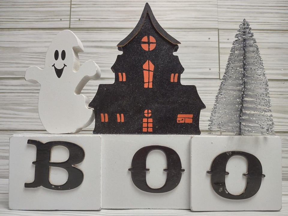 Ghost Boo Halloween Village Decor Wood Haunted House Tinsel Tree ...