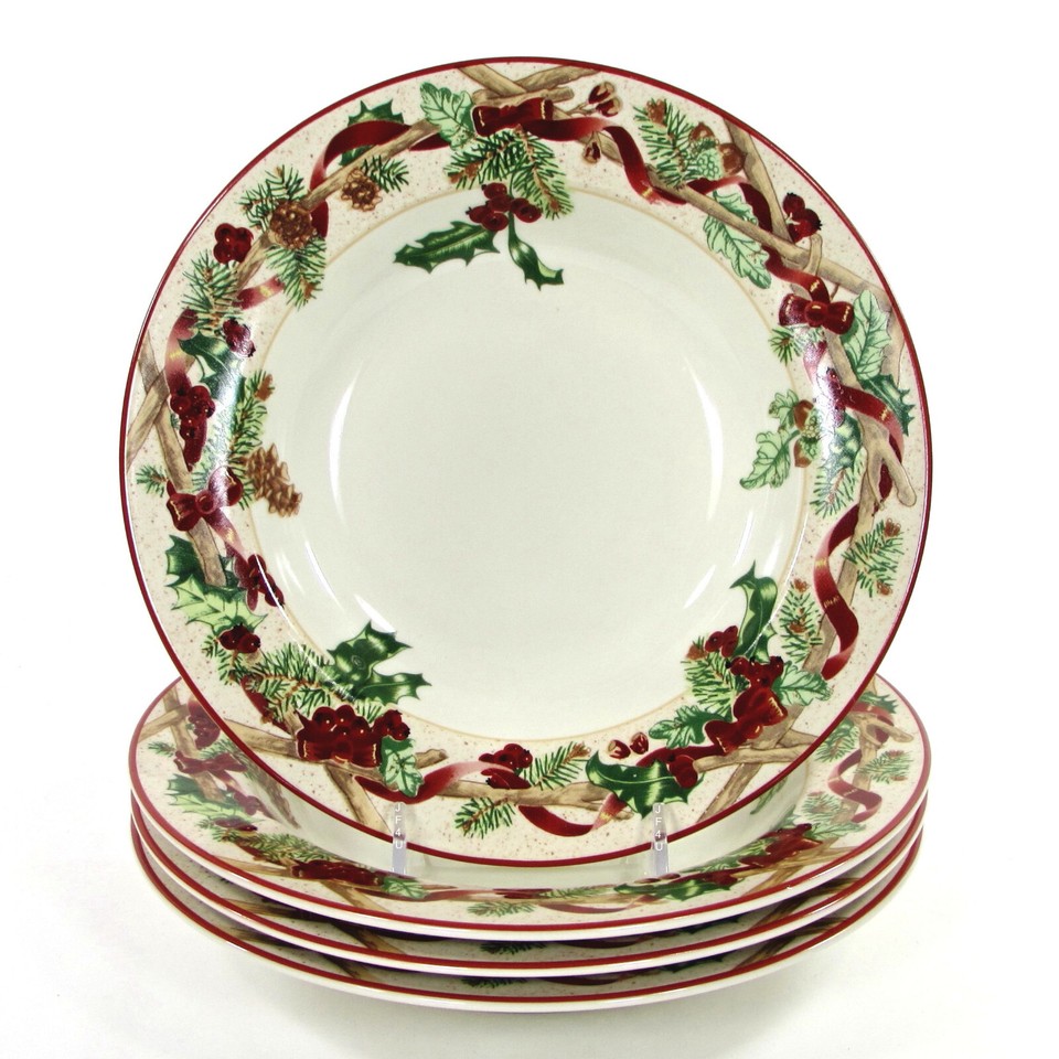 Block Basics FESTIVE RIBBON 12oz Soup Bowl Set 4 Pine Holly Berry Red ...