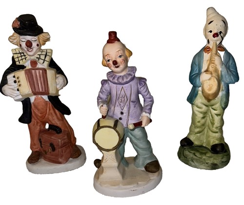 Vintage Porcelain Clown Figurines All 3 Play a Musical instrument ...