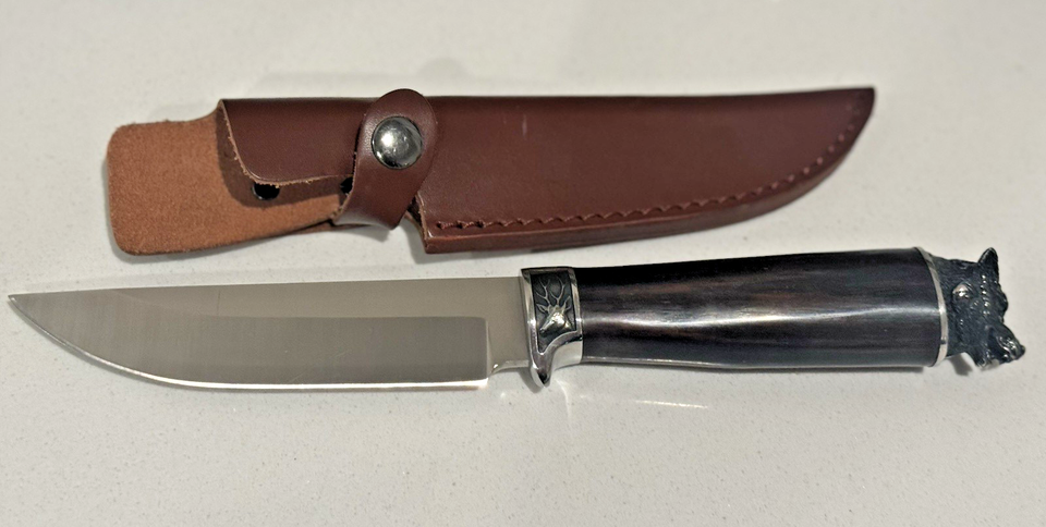 Custom Handmade Hunting Knife, Wolf Head Pommel Wood Handle Leather ...