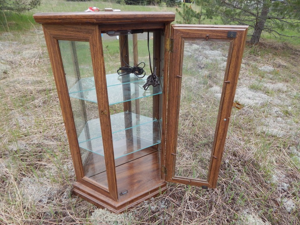 Tall Lighted Wooden Glass Locking Display Case Coins Cards Jewelry ...