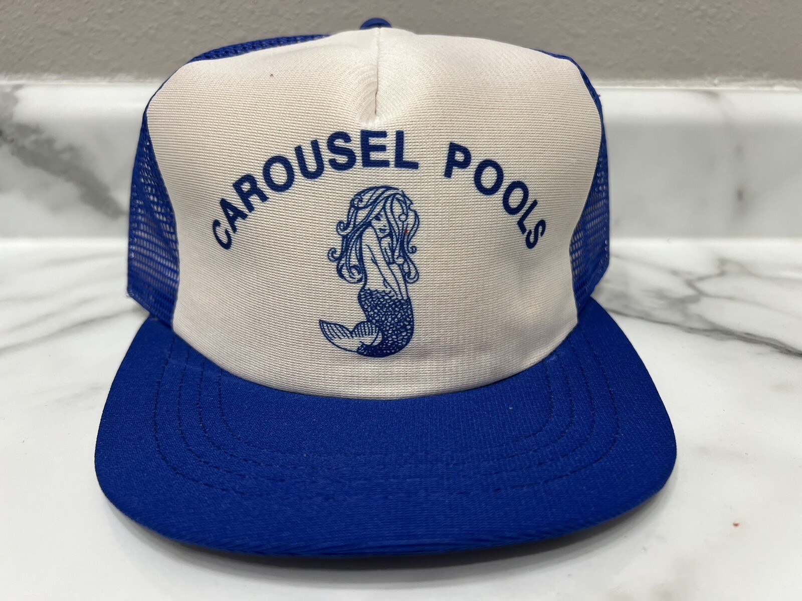 Vtg Mermaid Carousel Pools White With Blue Mesh Trucker Hat Snapback ...