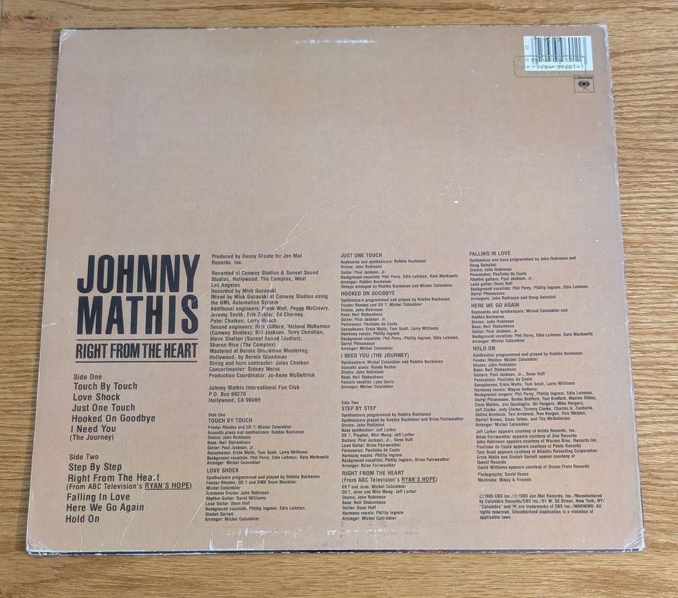 JOHNNY MATHIS – RIGHT FROM THE HEART - VINYL LP - HA | eBay