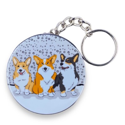 Corgis in the Snow Keychain Funny Dog Cartoon Art Key Ring Gift ...