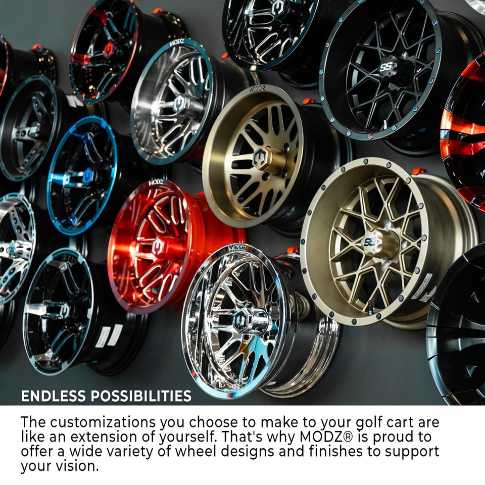 MODZ 15" Chaos Glossy Black Golf Cart Wheels and Steel Belted Tire ...