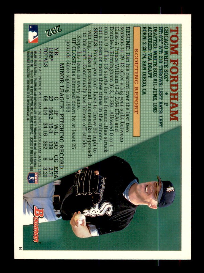 1996 Baseball Bowman Tom Fordham Chicago White Sox #292 3 | eBay