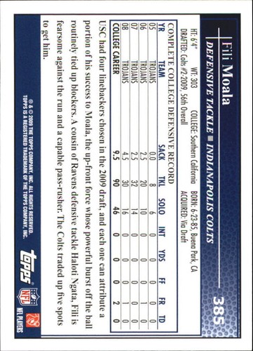 2009 Topps #385 Fili Moala RC | eBay
