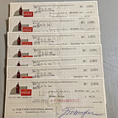 1951 Coca-Cola Bottling CO Coke Canceled Checks Thomasville, N.C ...