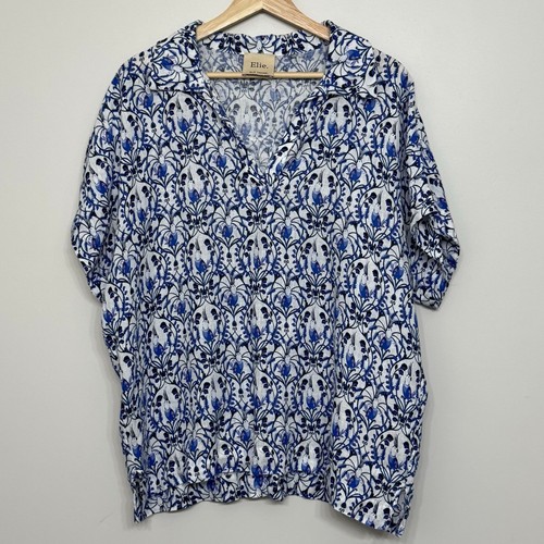 Elie Tahari Blue Parrot Bird Print Linen Top Large Collared Neck Cap ...