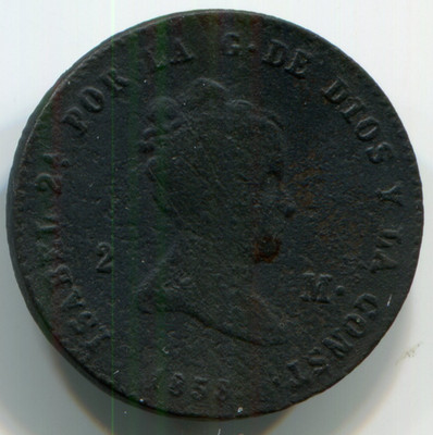 1858 BA Spain Queen Isabella II 2 Maravedis Coin Barcelona 19mm KM#532. ...