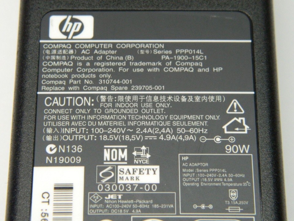 Genuine OEM HP AC Power Adapter 18.5V 4.9A 90W PPP014L PA-1900-15C1 ...